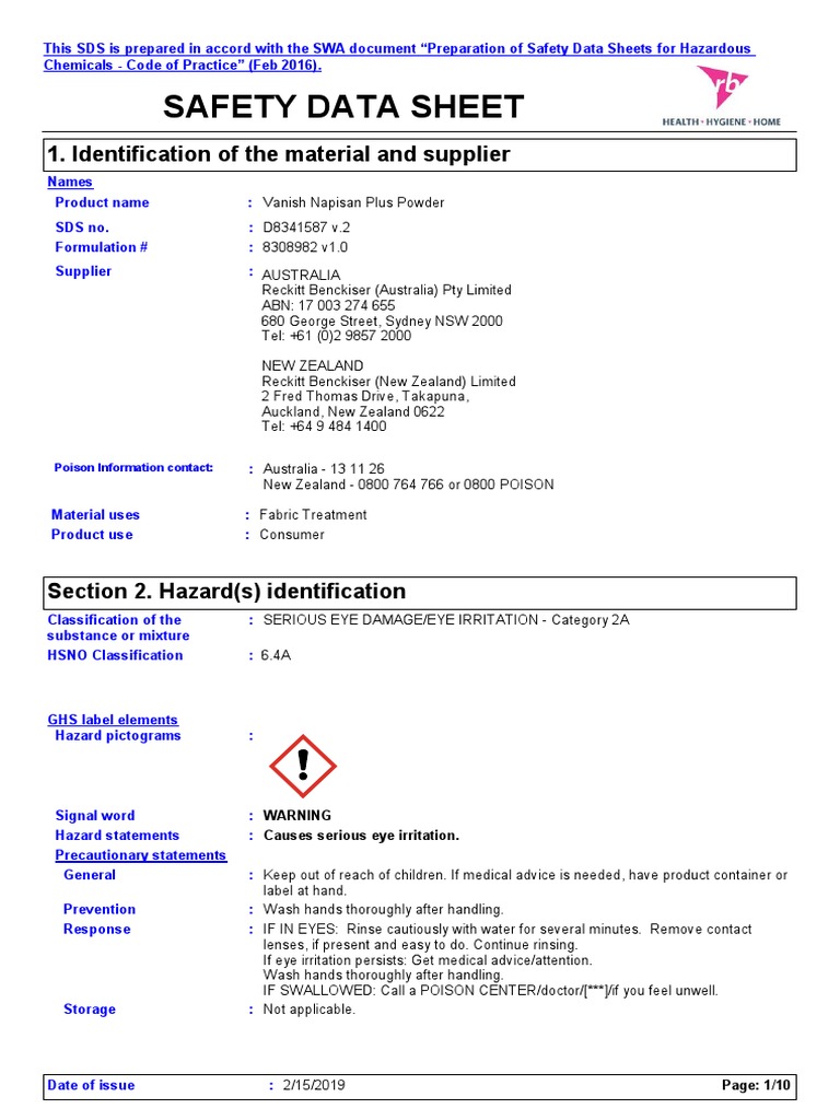 Vanish Napisan Plus Powder-V2-D8341587 | PDF | Toxicity | Dangerous Goods