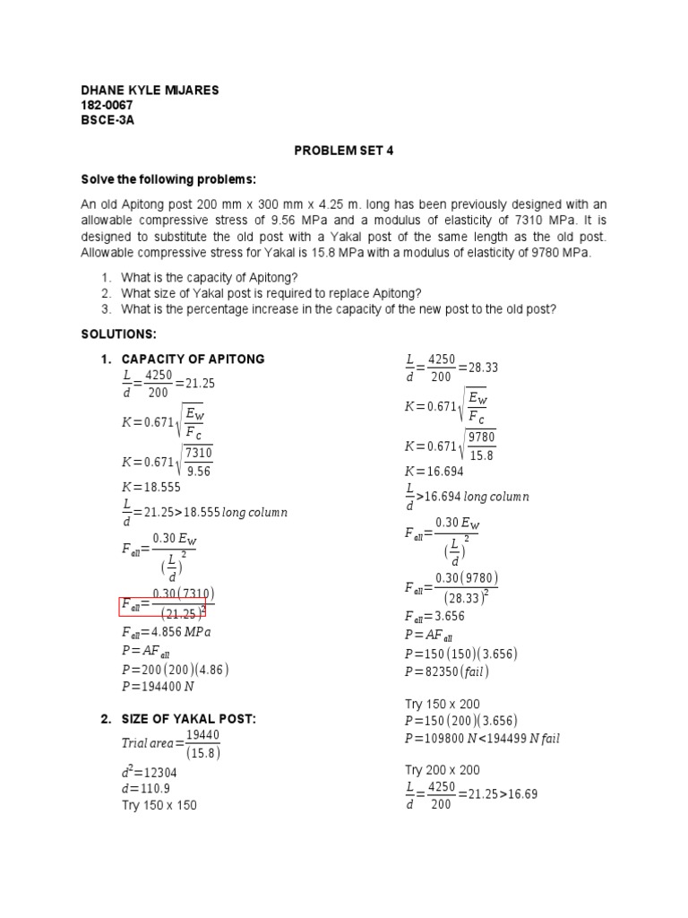 Dhane Kyle Mijares 182-0067 Bsce-3A Problem Set 4 Solve The Following ...