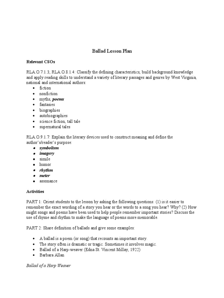 Ballad Lesson Plan: Relevant Csos | PDF | Poetry | Ballad