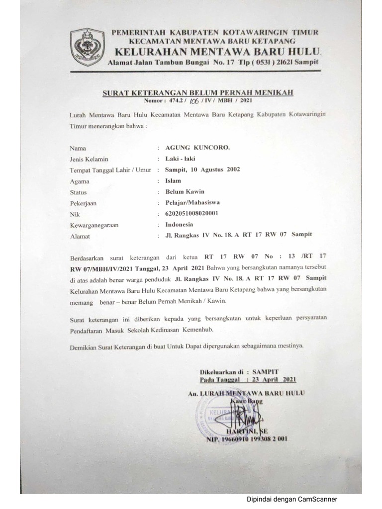 Surat Keterangan Belum Menikah Kelurahan | PDF