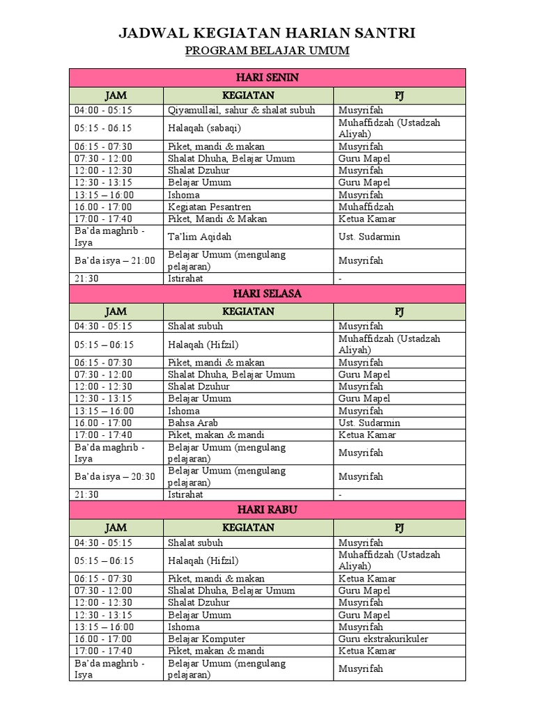 Jadwal Kegiatan Harian SMP | PDF