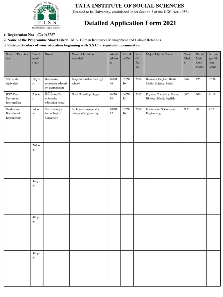 Detailed Application Form 2021: (Deemed To Be University, Established ...