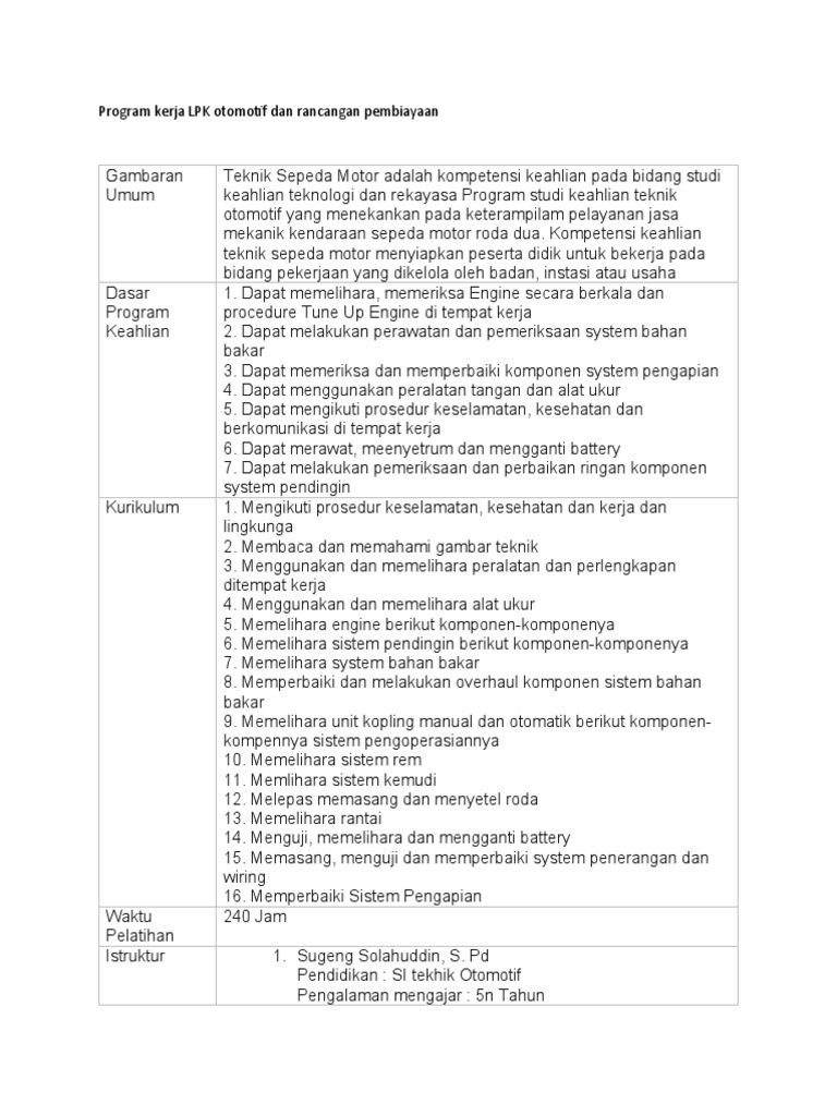 Program Kerja LPK Otomotif Dan Rancangan Pembiayaan | PDF