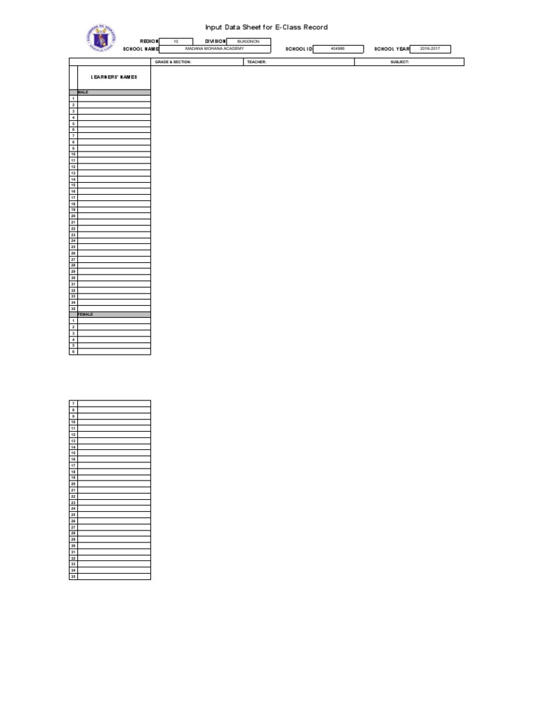 Input Data Sheet For E-Class Record: Region Division School Name School ...