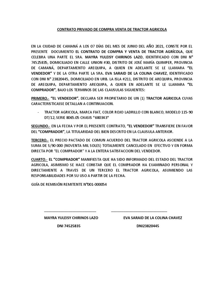 Contrato Privado de Compra Venta de Tractor Agricola | PDF
