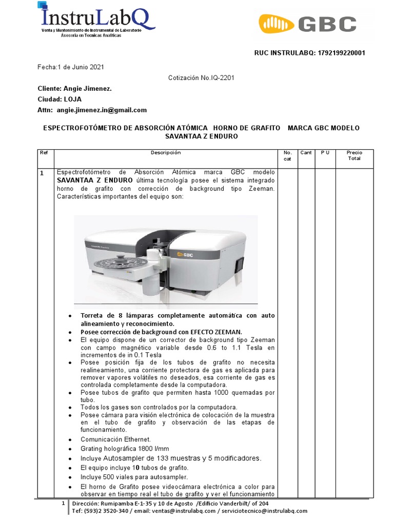 Cotización Espectrofotómetro GBC SavantAA | PDF | Física Aplicada e ...