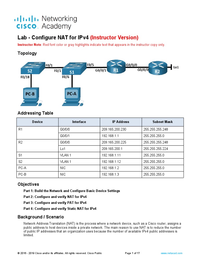 6.8.2 Lab - Configure NAT For IPv4 - ILM | PDF | Ip Address | Network Switch