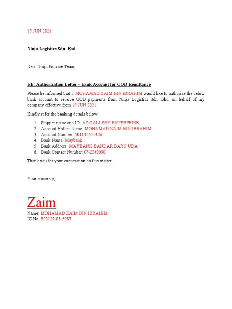 Authorization Letter - COD | PDF