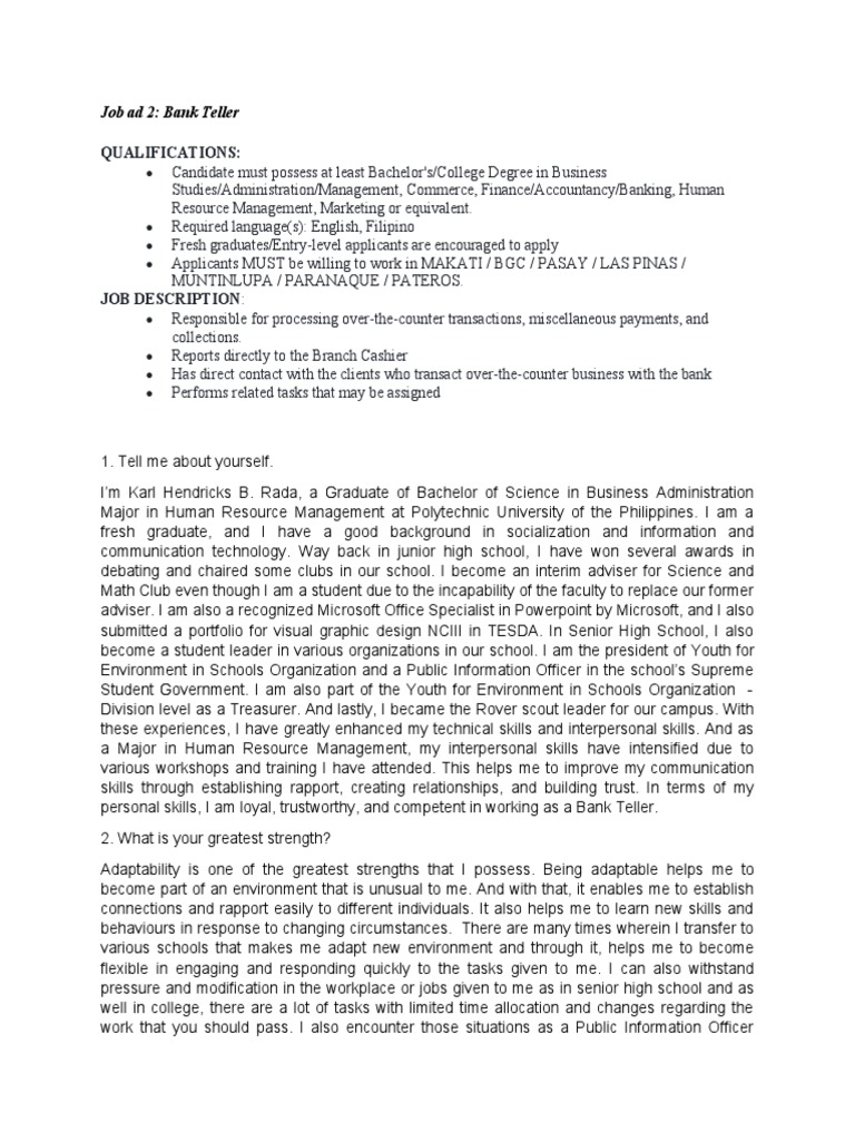 Qualifications:: Job Ad 2: Bank Teller | PDF | Goal | Social Skills