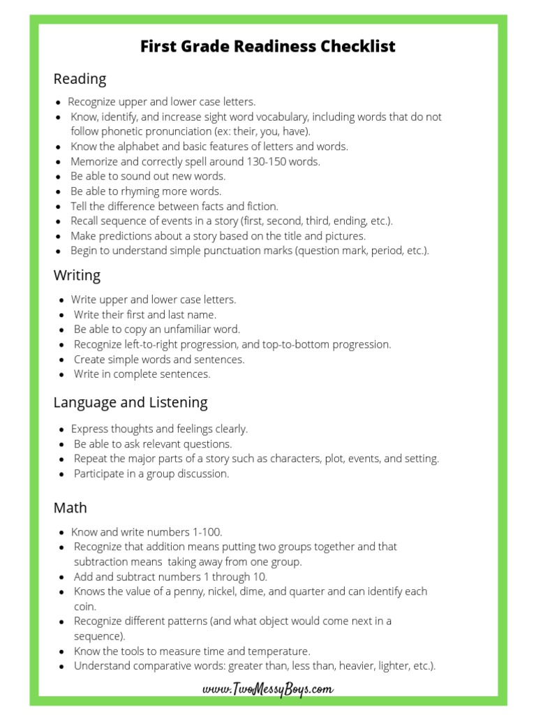 First Grade Readiness Checklist: Reading | PDF | Word | Vocabulary