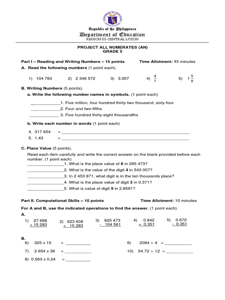 Grade 5 PAN Assessment Tool Edited Latest | PDF | Teaching Mathematics