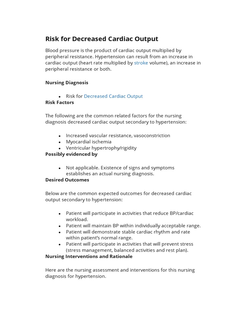 Risk For Decreased Cardiac Output: Nursing Diagnosis | PDF ...