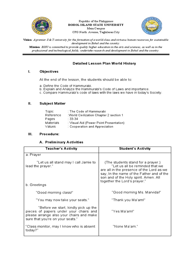 Detailed Lesson Plan in World History | PDF | Hammurabi | Crime & Violence