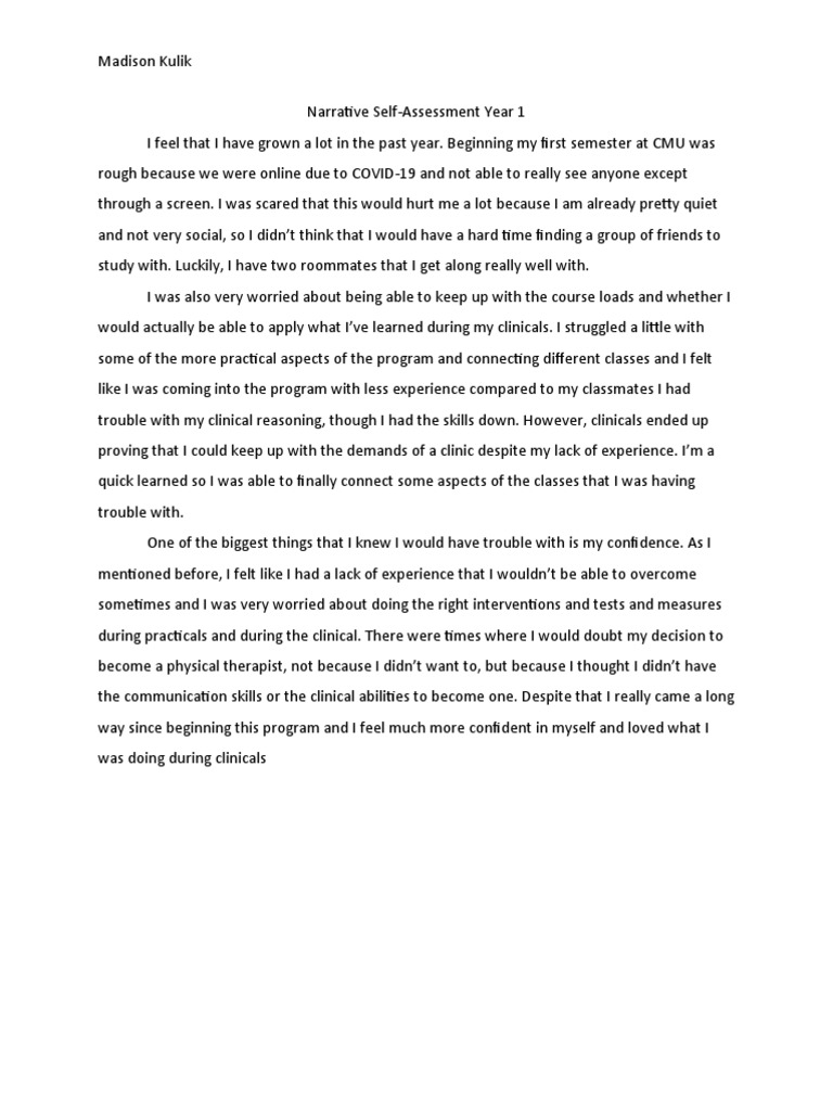 Narrative Self-Assessment | PDF | Self-Improvement | Wellness