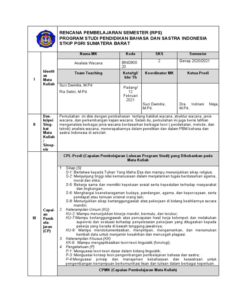 RPS Analisis Wacana Genap 2021 Ok 9 | PDF