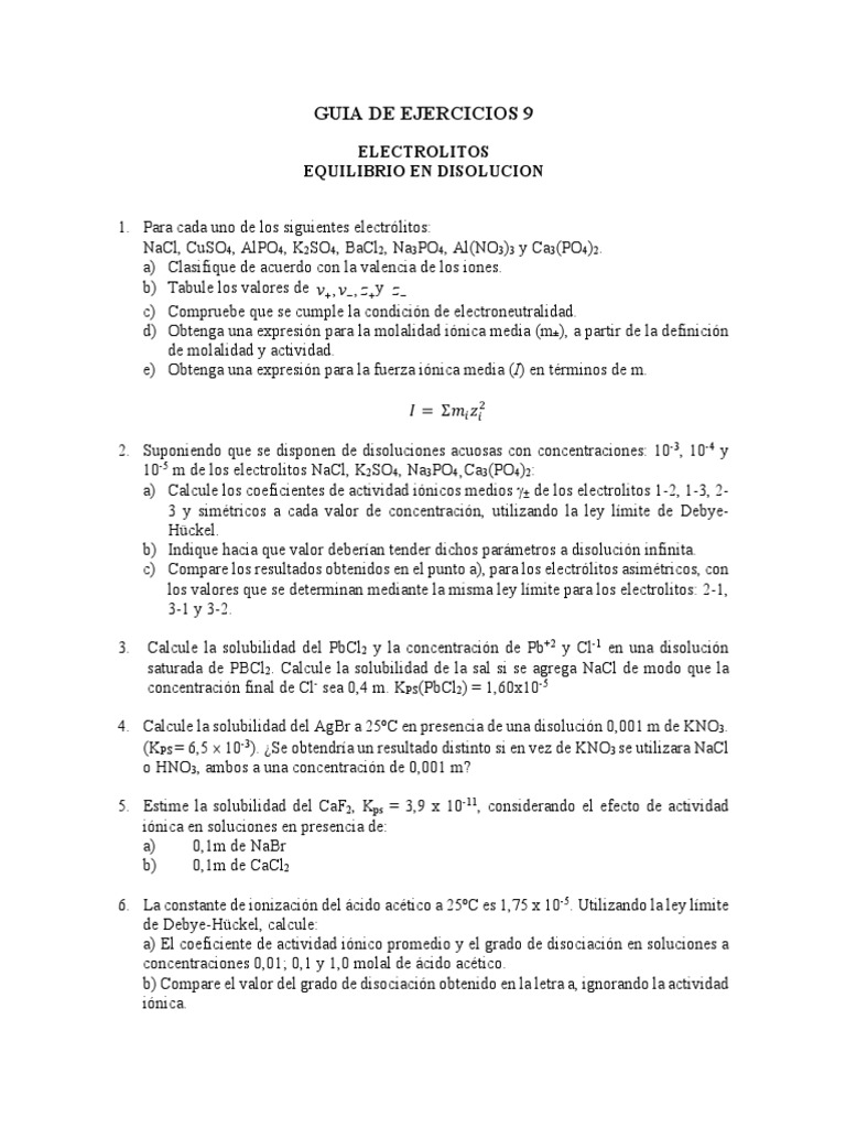 Guia de Ejercicios 9 Fisicoquimica | PDF | Concentración | Electrólito