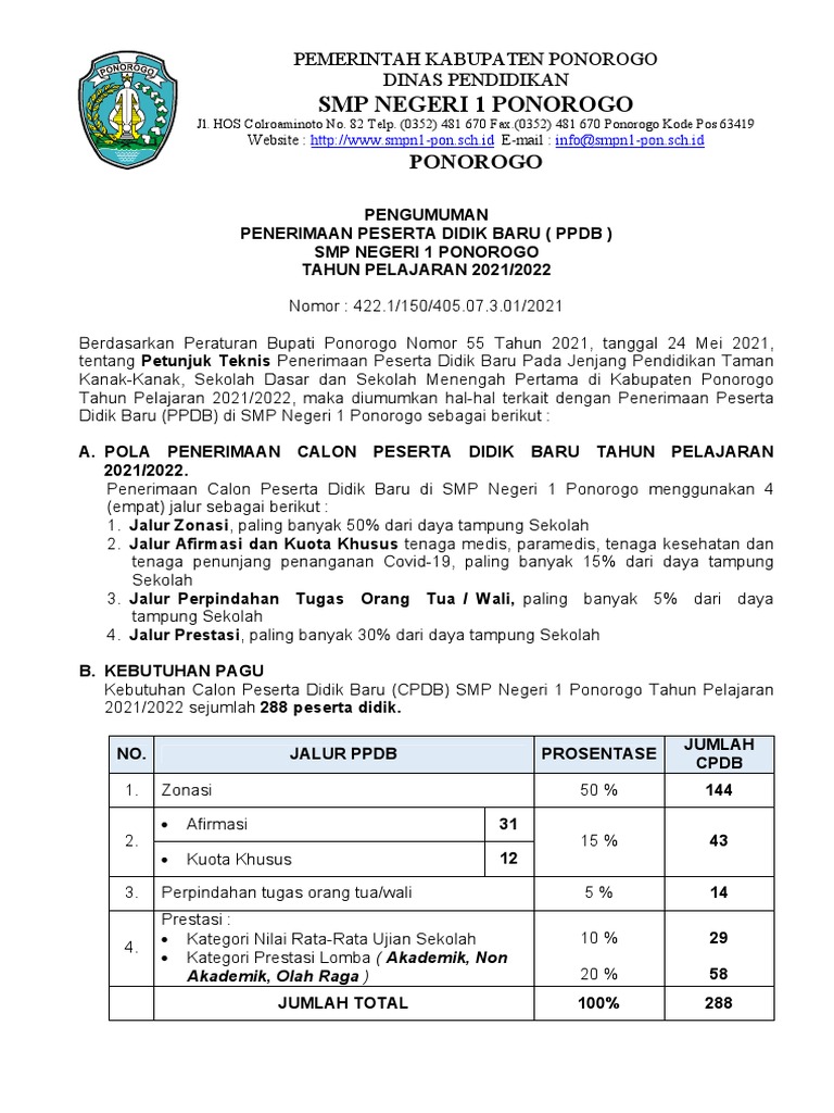 PPDB SMPN 1 Ponorogo 2021/2022 | PDF
