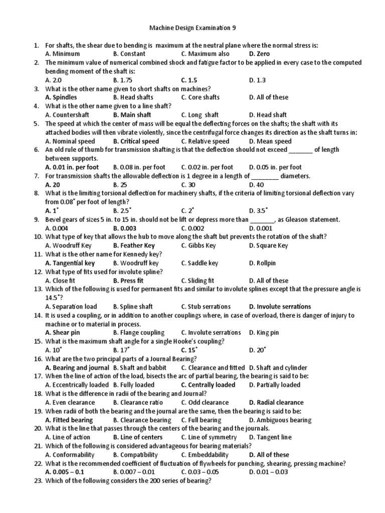 Machine Design Exam Review Questions | PDF | Screw | Gear
