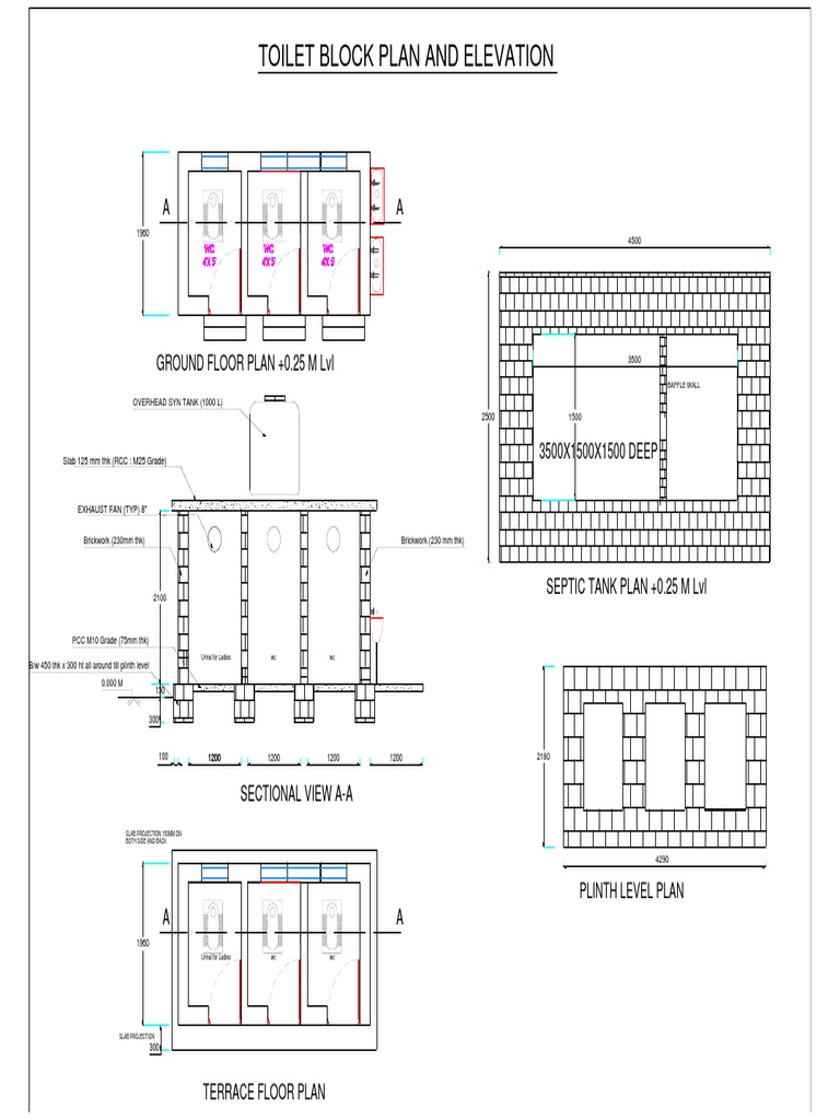 Toilet Block Plan and Elevation Details | PDF | Toilet | Sanitation