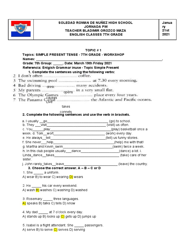 Carmen Lucia Varela Quiroz - Topic # 1 Simple Present Tense - 7TH Grade ...