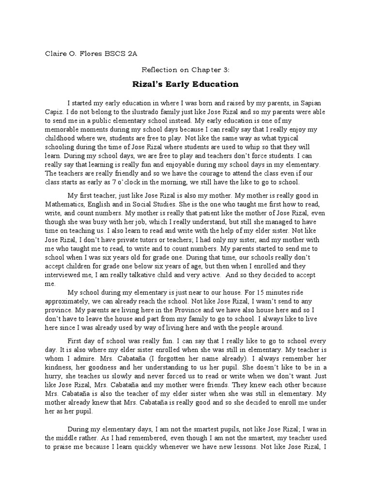 Reflection Paper On Rizals Early Education | PDF | Schools | Teachers