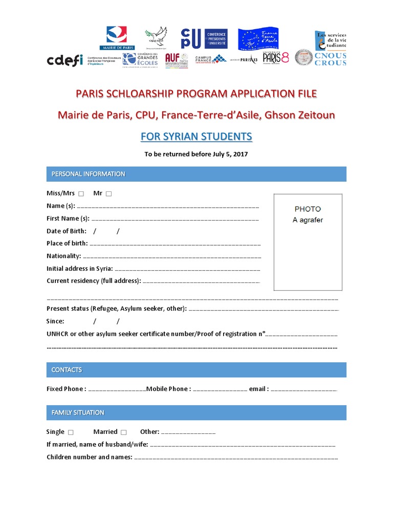 Paris Schloarship Program Application File Mairie de Paris, CPU, France ...