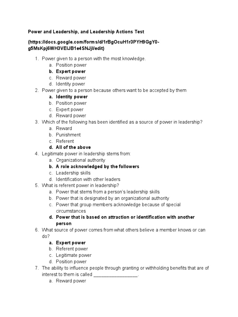 Power Dynamics in Leadership Quiz | PDF | Influence (Social And ...