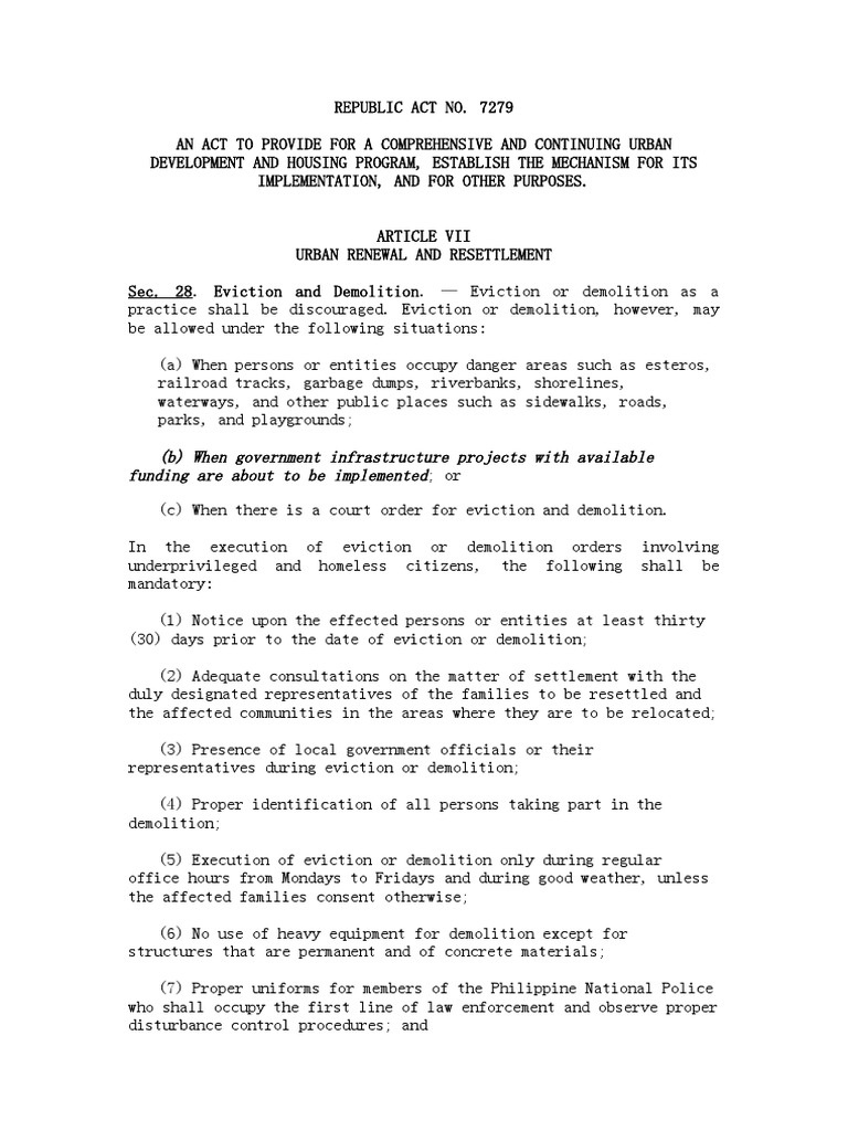 RA 7279, SEC 28 - B | PDF | Eviction | Local Government
