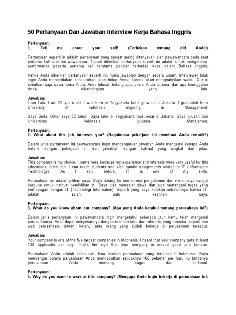 50 Pertanyaan Dan Jawaban Interview Kerja Bahasa Inggris | PDF