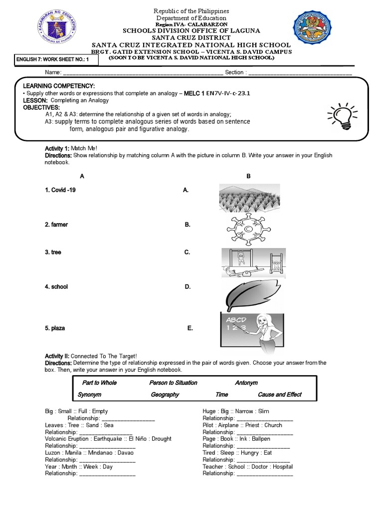 Grade 7 Work Sheet w1 q1 | PDF