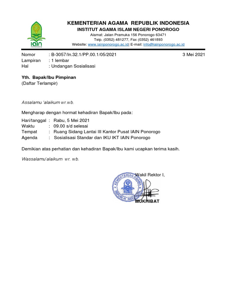 Undangan Sosialisasi Standar Dan IKU IKT IAIN Ponorogo | PDF