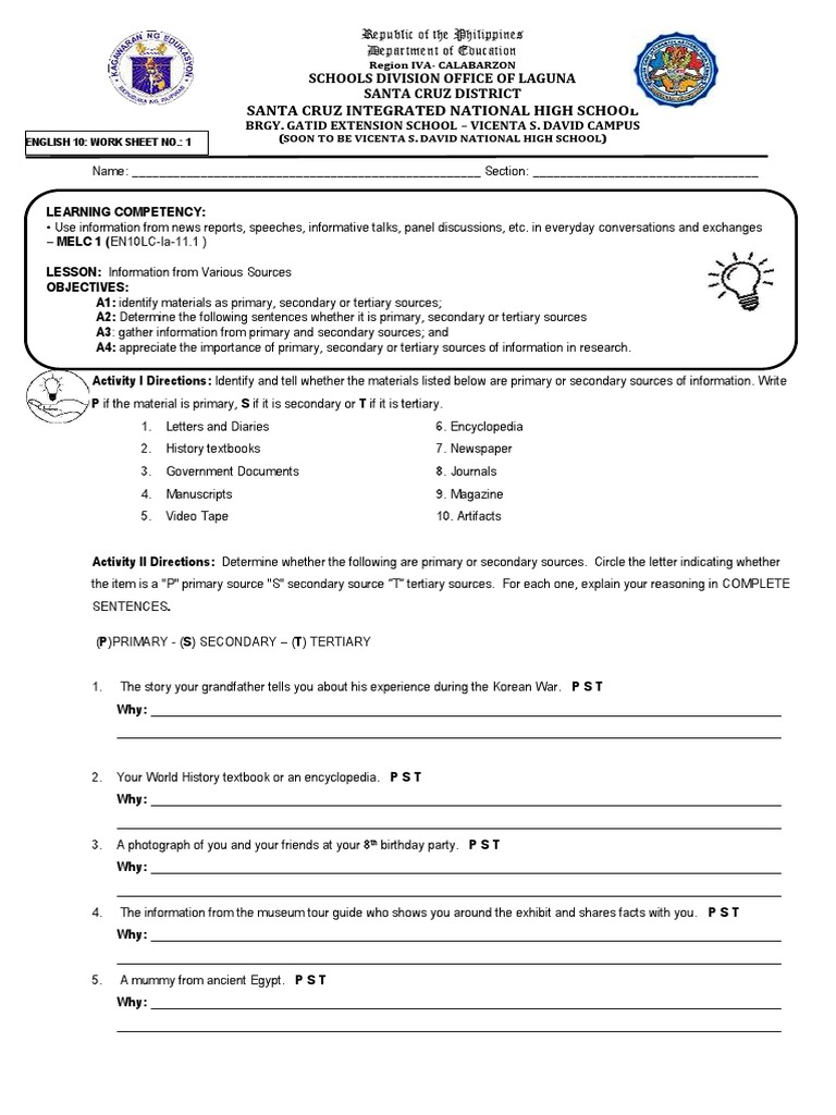 Grade 10 Sources of Information Worksheet | PDF | Communication | Science