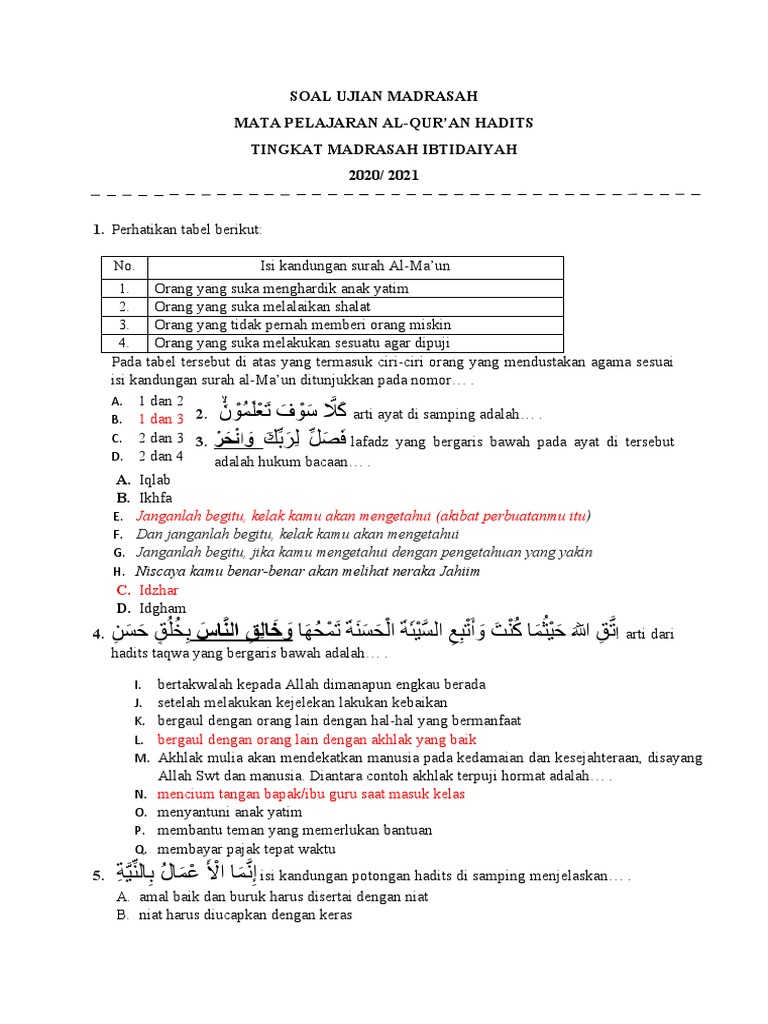 Soal Ujian Al-Qur'an Hadits MI 2021 | PDF