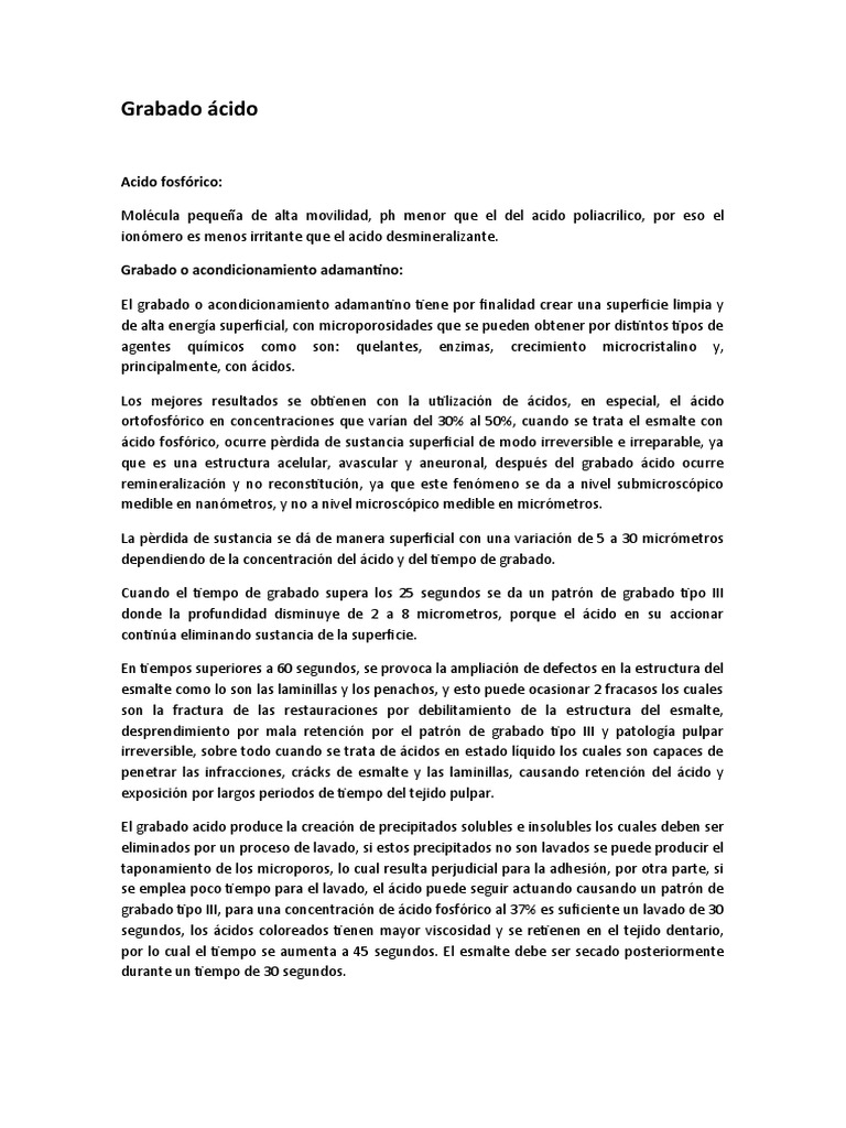 Grabado Ácido en Odontología | PDF | Compuestos químicos | Esmalte de ...