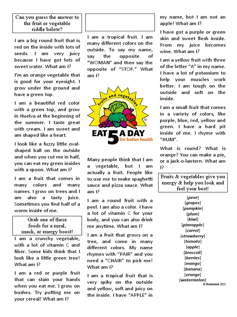 Fruit and Vegetable Riddle Challenge! | PDF | Fruit | Edible Fruits