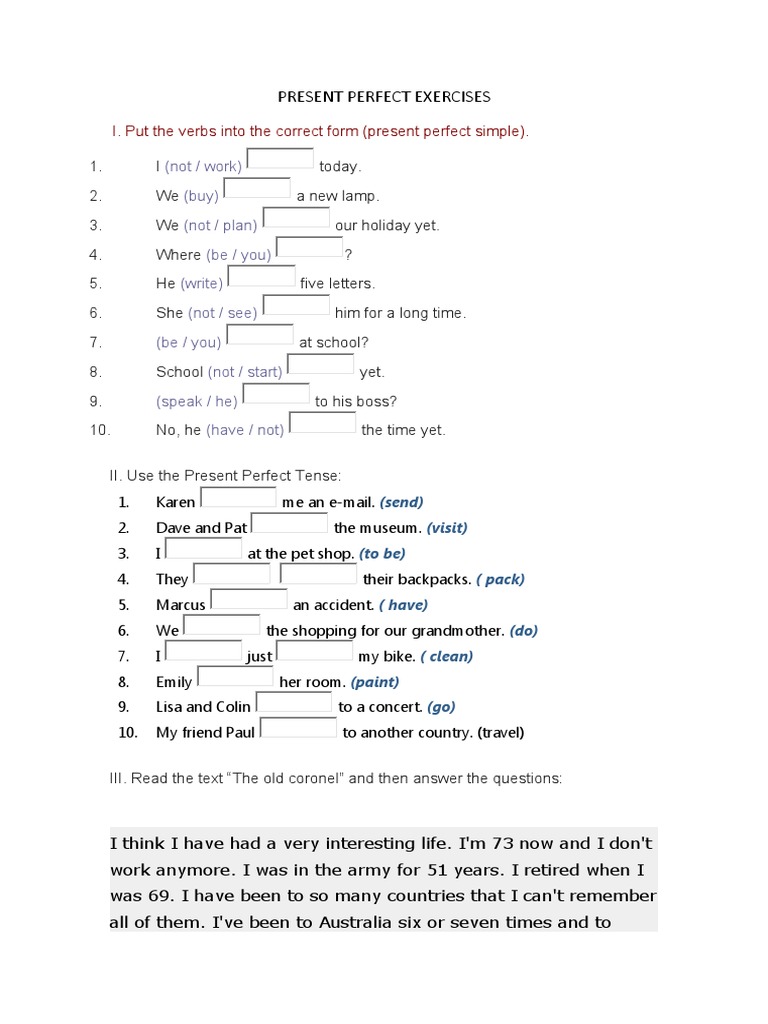 Present Perfect Exercises: I. Put The Verbs Into The Correct Form (Present Perfect Simple) | PDF ...