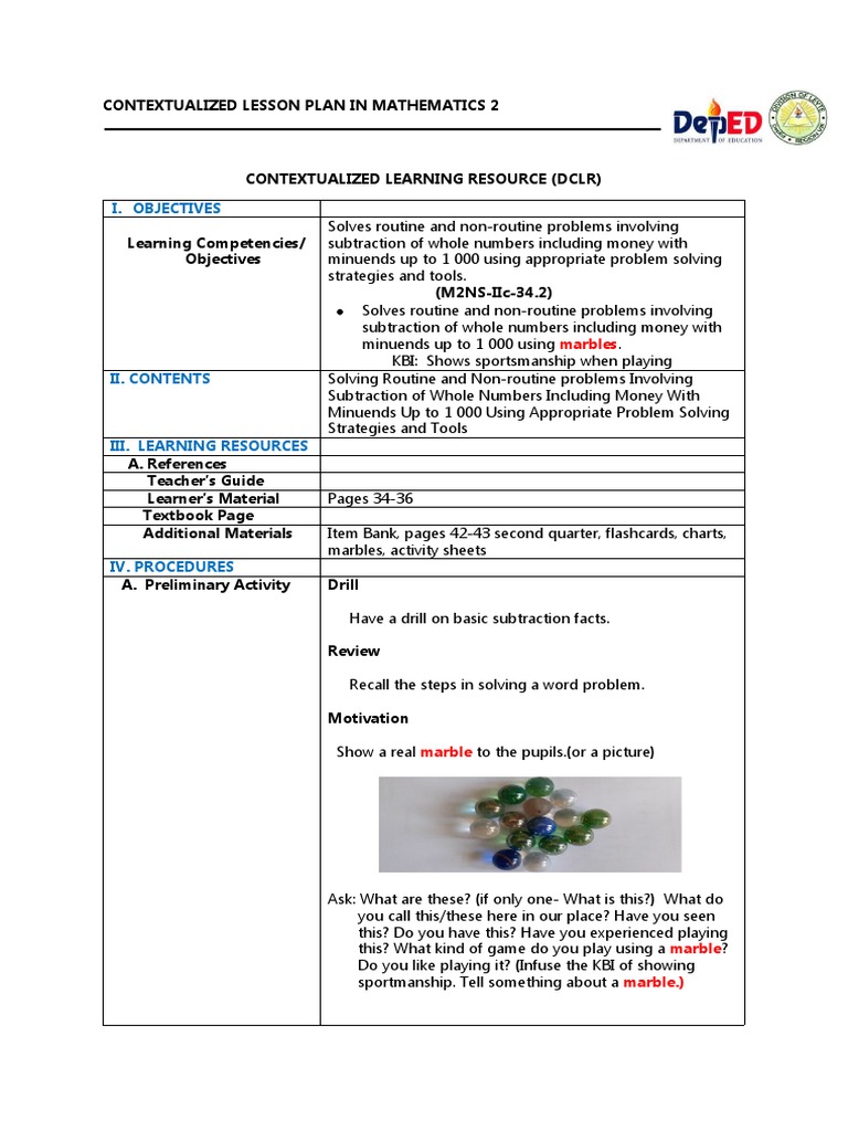 I. Objectives: Marbles | PDF | Subtraction | Lesson Plan