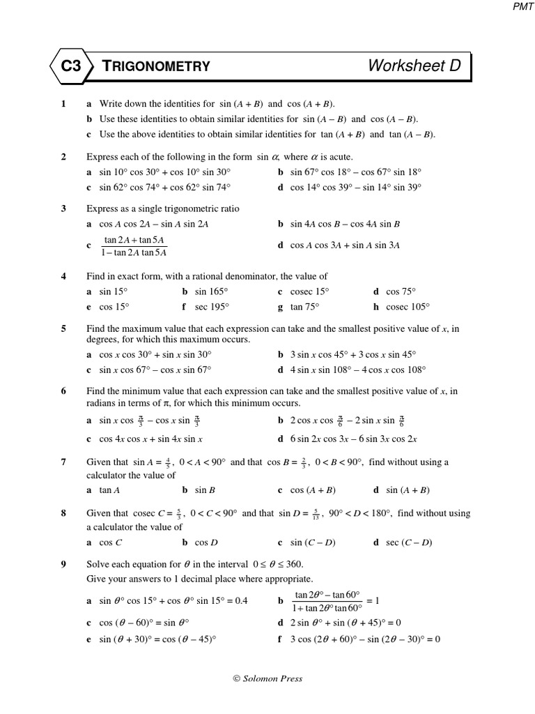 C3 Trigonometry D - Questions | PDF | Sine | Trigonometric Functions