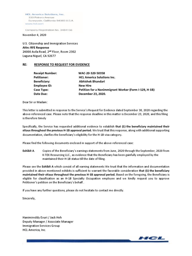 RFE Response for H-1B Petition | PDF | Law