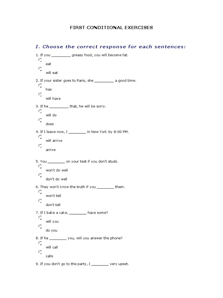 I. Choose The Correct Response For Each Sentences:: First Conditional ...