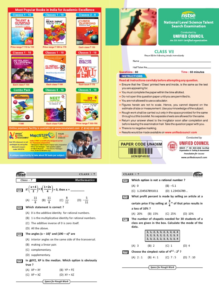 Class - 7 - NSTSE Previous Year Paper | PDF | Photosynthesis | Triangle