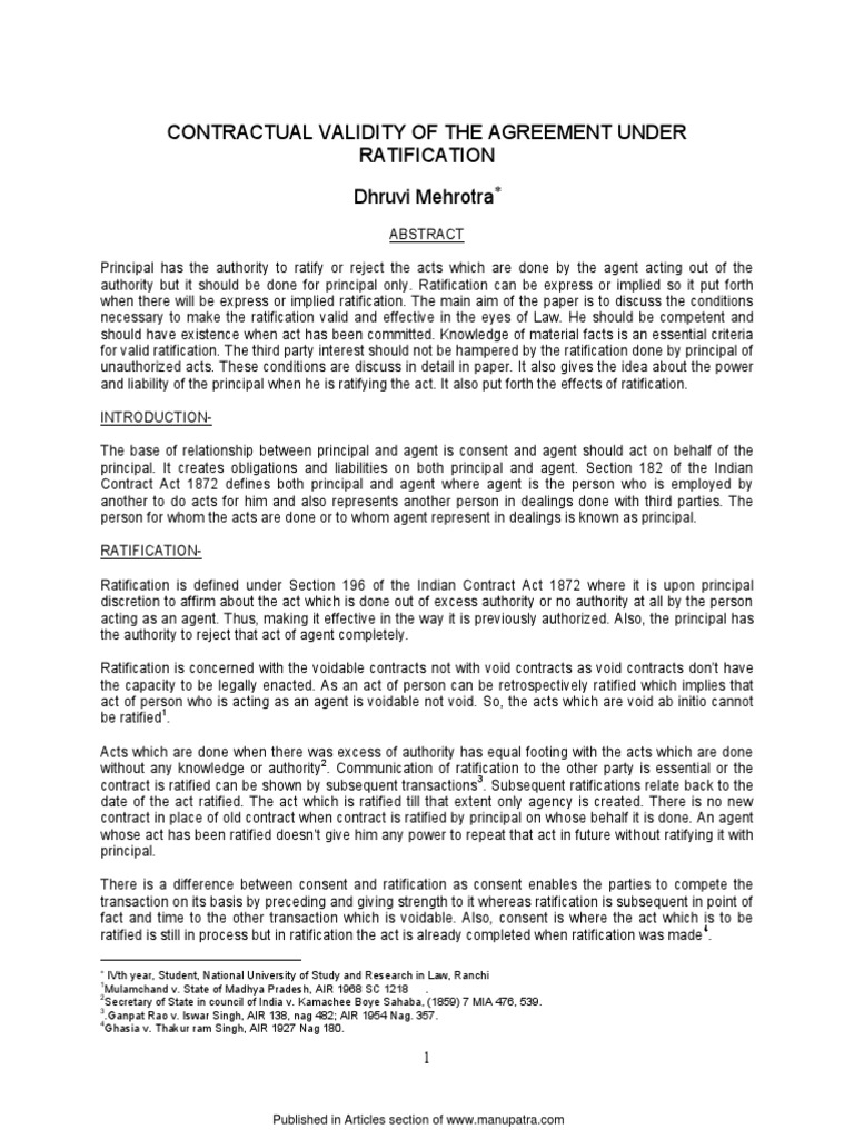 Contractual Validity of The Agreement Under Ratification Dhruvi ...
