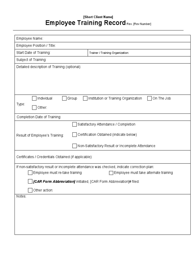Employee Training Record for [Employee Name] Detailing [Subject of ...