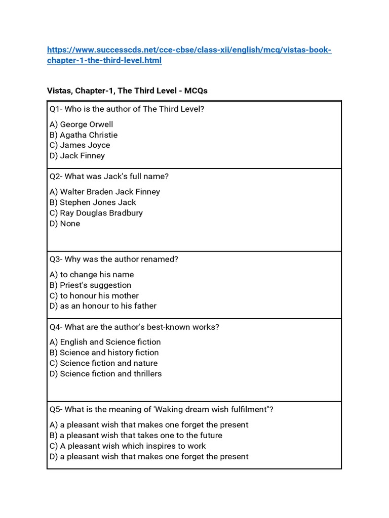 Vistas Book Chapter 1 The Third Level - MCQs.Antar - XII | PDF