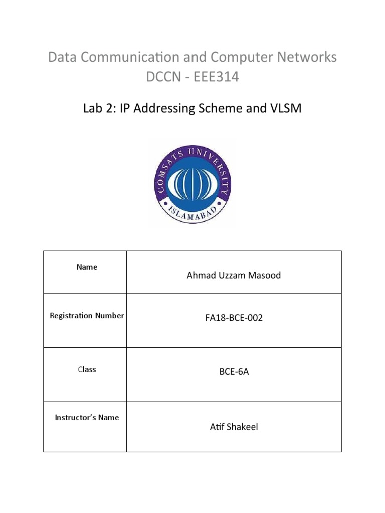 Data Communication And Computer Networks Dccn Eee314 Lab 2 Ip Addressing Scheme And Vlsm