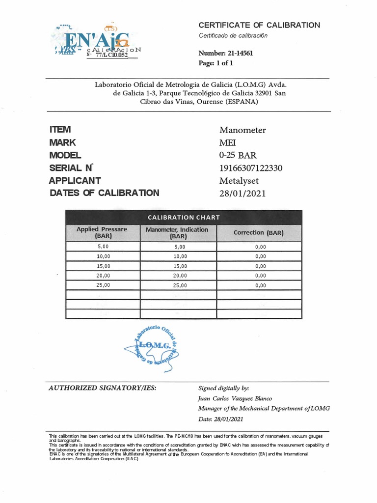 Calibration Certificate for Manometer | PDF | Calibration | Pressure ...