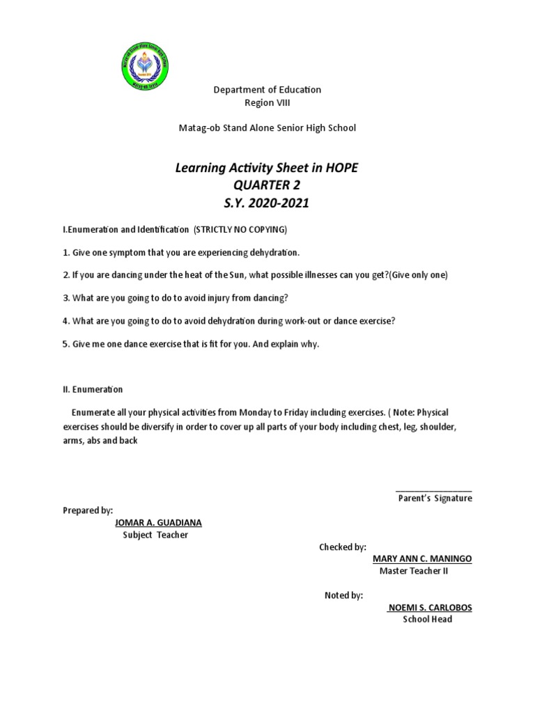 Learning Activity Sheet in HOPE Quarter 2 S.Y. 2020-2021 | PDF