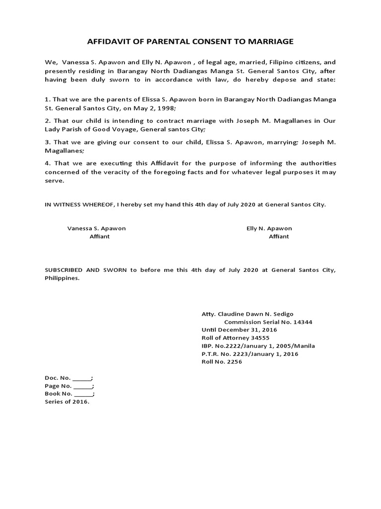 Affidavit of Parental Consent To Marriage | PDF
