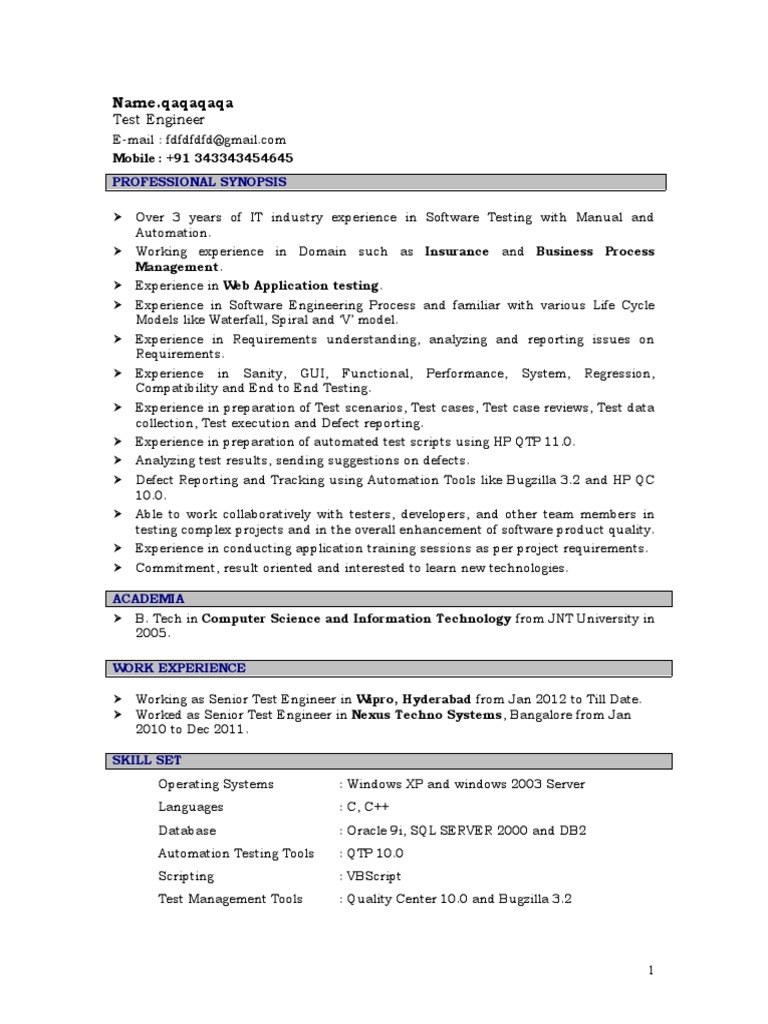 Senior Test Engineer Profile Summary | PDF | Software Testing ...