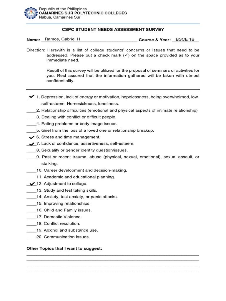 CSPC Student Needs Assessment Survey | PDF